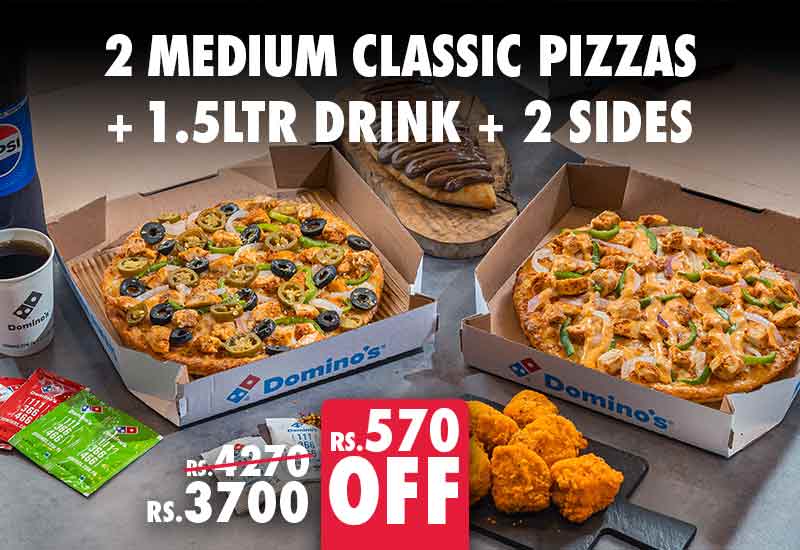 2 Medium Classic Pizzas, 2 Sides, and 1.5 Ltr Drink